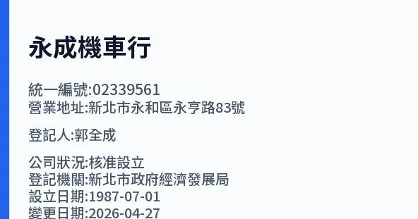 永成機車行的照片-統編 02339561(新北市) 公司登記資料與營業項目詳細圖表