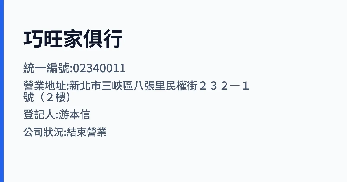 巧旺家俱行 - 統編 02340011(新北市) 公司登記資料與營業項目詳細圖表
