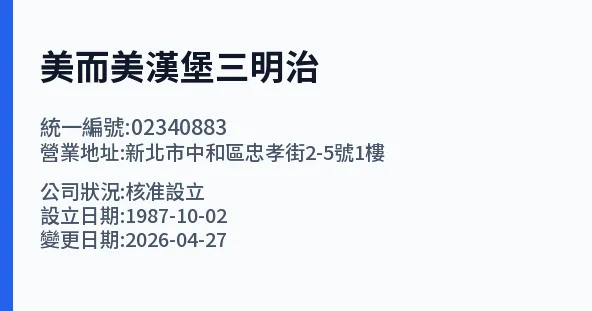 美而美漢堡三明治的照片-統編 02340883(新北市) 公司登記資料與營業項目詳細圖表
