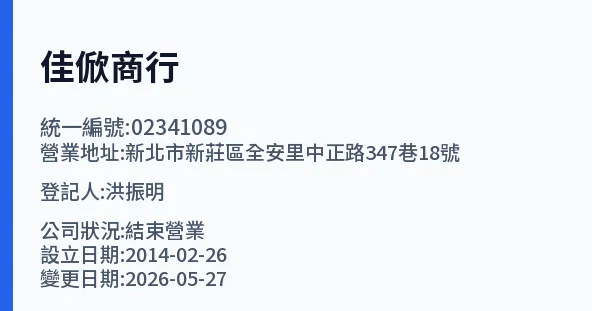 佳俽商行的照片-統編 02341089(新北市) 公司登記資料與營業項目詳細圖表