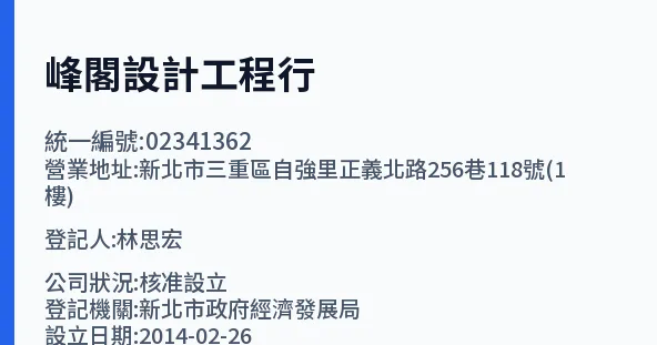 峰閣設計工程行的照片-統編 02341362(新北市) 公司登記資料與營業項目詳細圖表