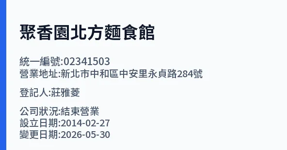 聚香園北方麵食館的照片-統編 02341503(新北市) 公司登記資料與營業項目詳細圖表