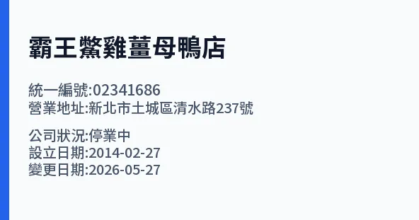 霸王鱉雞薑母鴨店的照片-統編 02341686(新北市) 公司登記資料與營業項目詳細圖表
