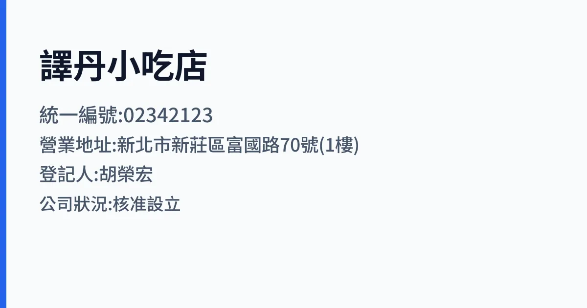 譯丹小吃店 - 統編 02342123(新北市) 公司登記資料與營業項目詳細圖表
