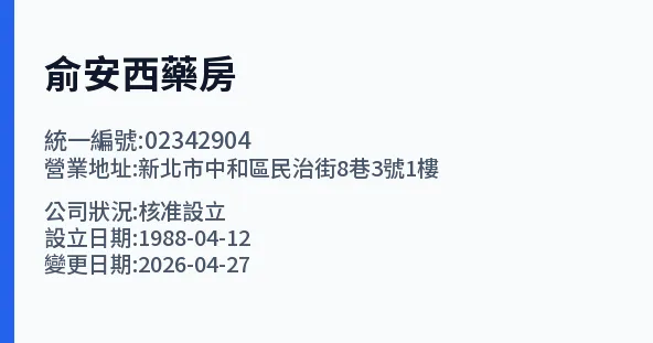 俞安西藥房的照片-統編 02342904(新北市) 公司登記資料與營業項目詳細圖表