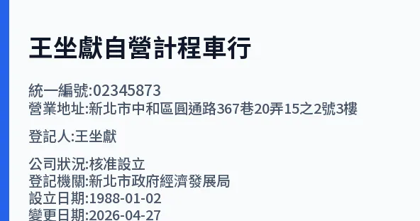 王坐獻自營計程車行的照片-統編 02345873(新北市) 公司登記資料與營業項目詳細圖表