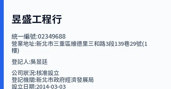 昱盛工程行的照片-統編 02349688(新北市) 公司登記資料與營業項目詳細圖表