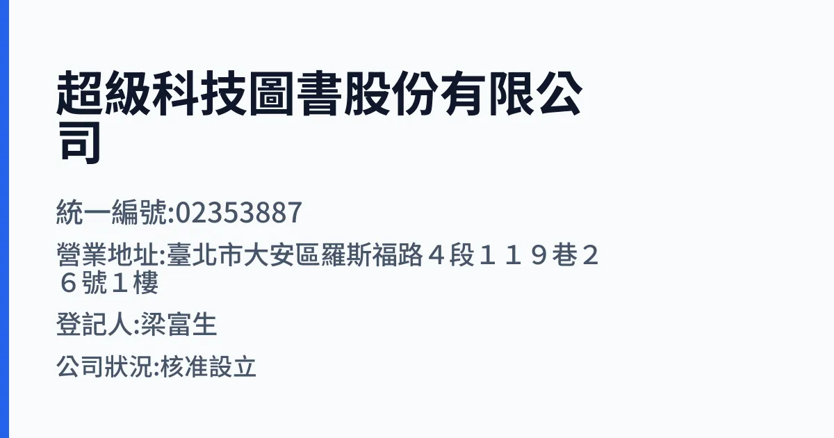 超級科技圖書股份有限公司 - 統編 02353887(臺北市) 公司登記資料與營業項目詳細圖表