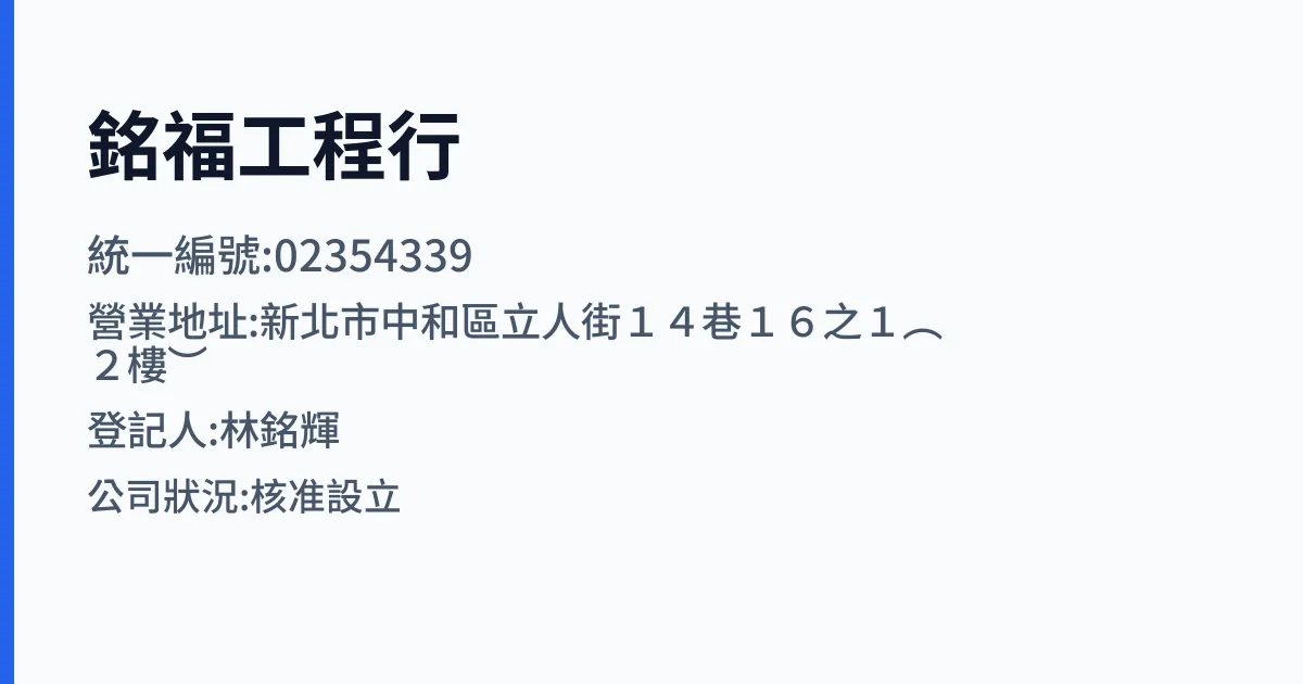 銘福工程行 - 統編 02354339(新北市) 公司登記資料與營業項目詳細圖表