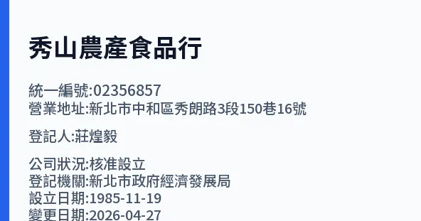 秀山農產食品行的照片-統編 02356857(新北市) 公司登記資料與營業項目詳細圖表