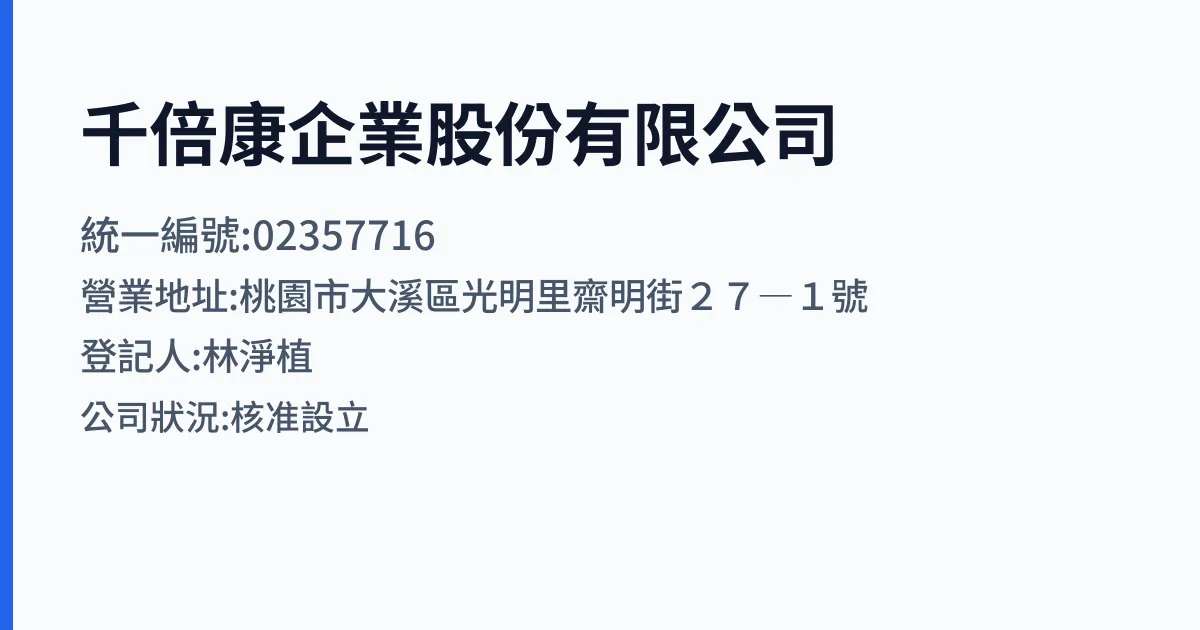 千倍康企業股份有限公司 - 統編 02357716(桃園市) 公司登記資料與營業項目詳細圖表