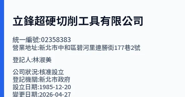 立鋒超硬切削工具有限公司的照片-統編 02358383(新北市) 公司登記資料與營業項目詳細圖表
