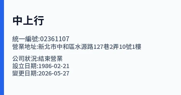 中上行的照片-統編 02361107(新北市) 公司登記資料與營業項目詳細圖表