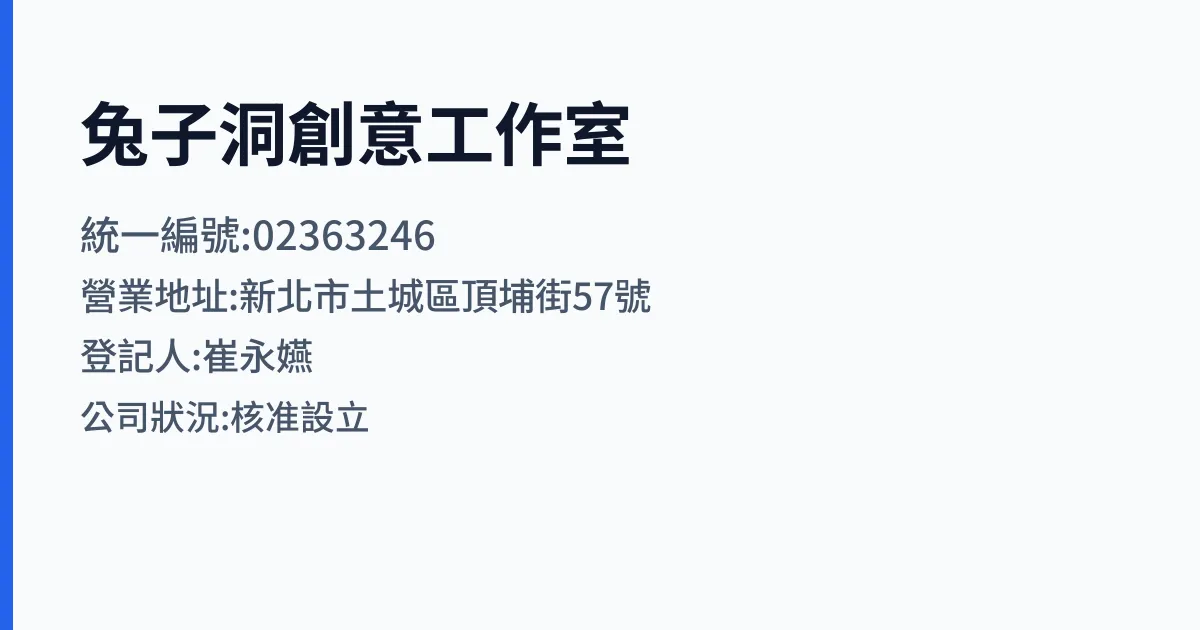 兔子洞創意工作室 - 統編 02363246(新北市) 公司登記資料與營業項目詳細圖表