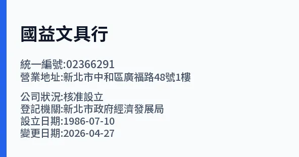 國益文具行的照片-統編 02366291(新北市) 公司登記資料與營業項目詳細圖表