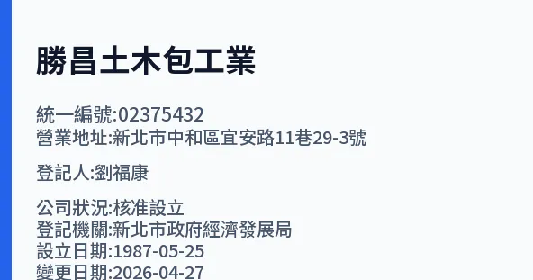 勝昌土木包工業的照片-統編 02375432(新北市) 公司登記資料與營業項目詳細圖表