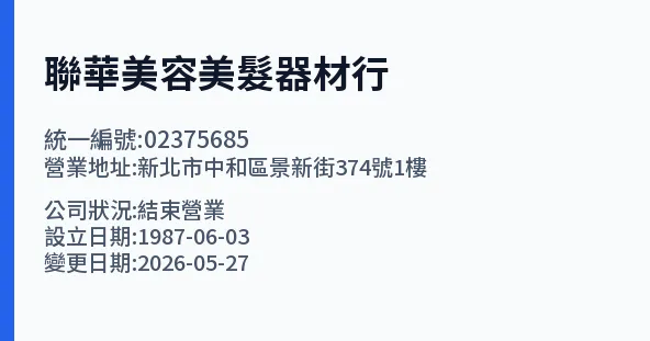 聯華美容美髮器材行的照片-統編 02375685(新北市) 公司登記資料與營業項目詳細圖表