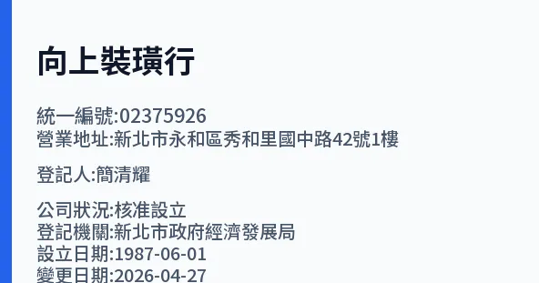 向上裝璜行的照片-統編 02375926(新北市) 公司登記資料與營業項目詳細圖表