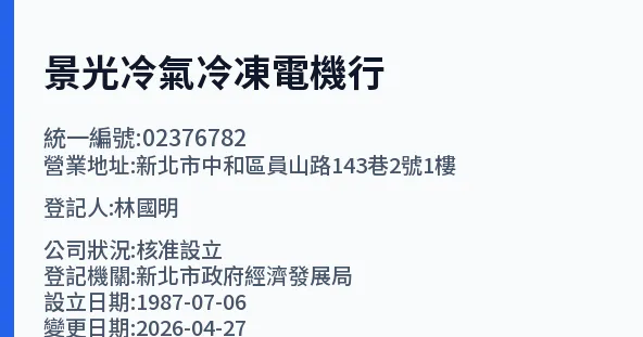 景光冷氣冷凍電機行的照片-統編 02376782(新北市) 公司登記資料與營業項目詳細圖表