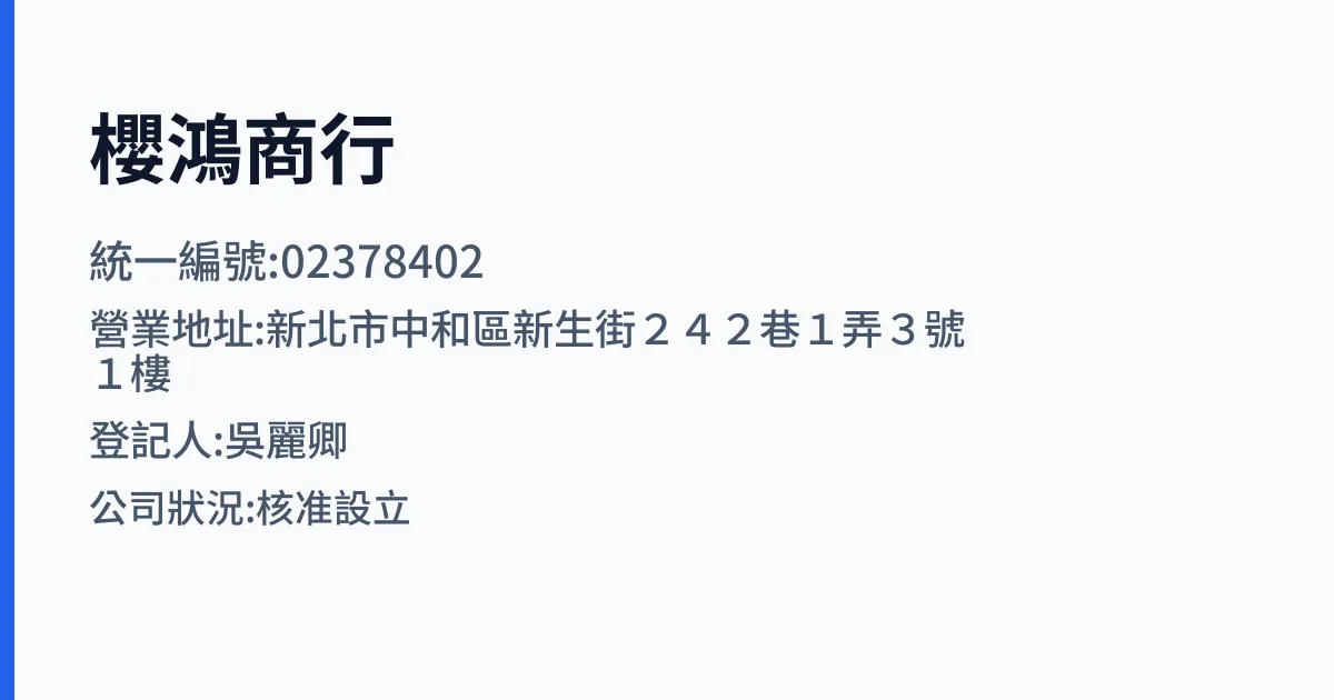 櫻鴻商行 - 統編 02378402(新北市) 公司登記資料與營業項目詳細圖表