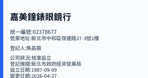 嘉美鐘錶眼鏡行的照片-統編 02378677(新北市) 公司登記資料與營業項目詳細圖表