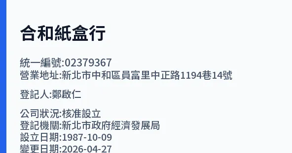 合和紙盒行的照片-統編 02379367(新北市) 公司登記資料與營業項目詳細圖表