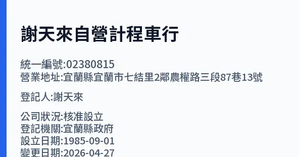 謝天來自營計程車行的照片-統編 02380815(宜蘭縣) 公司登記資料與營業項目詳細圖表