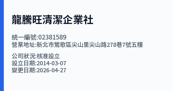 龍騰旺清潔企業社的照片-統編 02381589(新北市) 公司登記資料與營業項目詳細圖表