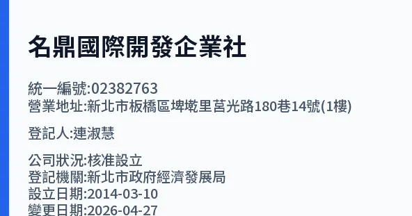 名鼎國際開發企業社的照片-統編 02382763(新北市) 公司登記資料與營業項目詳細圖表