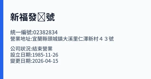 新福發號的照片-統編 02382834(宜蘭縣) 公司登記資料與營業項目詳細圖表
