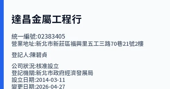 達昌金屬工程行的照片-統編 02383405(新北市) 公司登記資料與營業項目詳細圖表