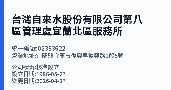 台灣自來水股份有限公司第八區管理處宜蘭北區服務所的照片-統編 02383622(宜蘭縣) 公司登記資料與營業項目詳細圖表