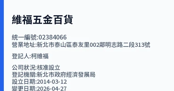 維福五金百貨的照片-統編 02384066(新北市) 公司登記資料與營業項目詳細圖表