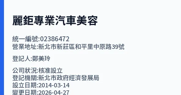 麗鉅專業汽車美容的照片-統編 02386472(新北市) 公司登記資料與營業項目詳細圖表