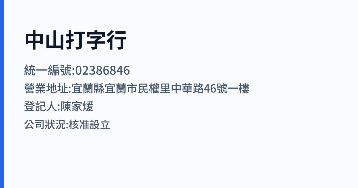 中山打字行 - 統編 02386846(宜蘭縣) 公司登記資料與營業項目詳細圖表