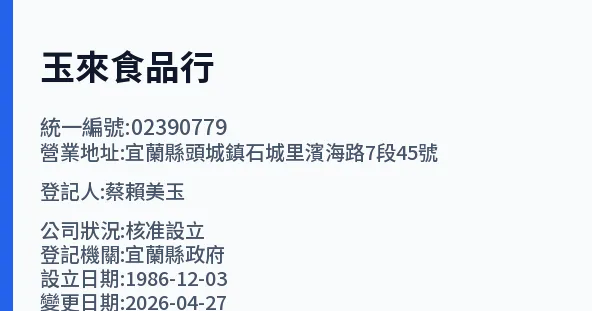 玉來食品行的照片-統編 02390779(宜蘭縣) 公司登記資料與營業項目詳細圖表