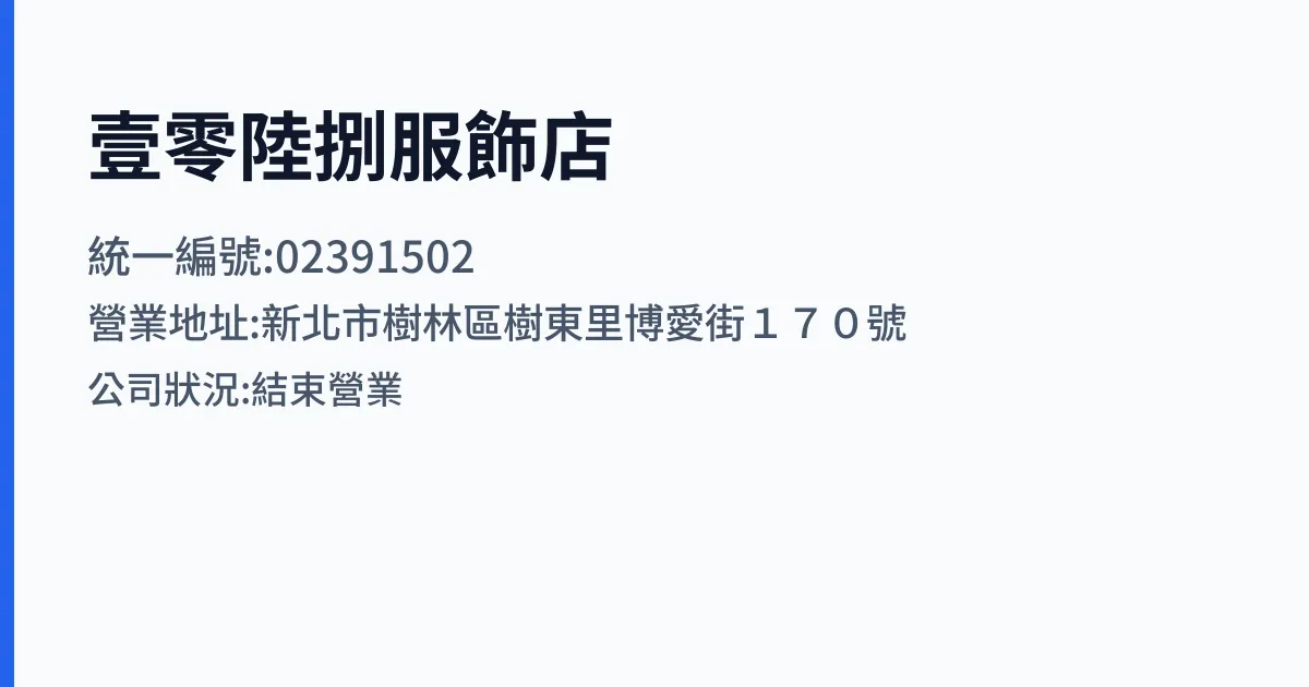 壹零陸捌服飾店 - 統編 02391502(新北市) 公司登記資料與營業項目詳細圖表