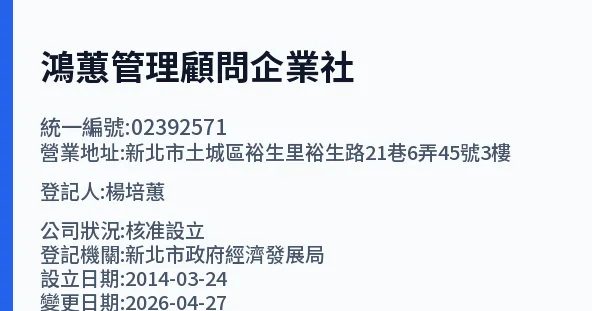 鴻蕙管理顧問企業社的照片-統編 02392571(新北市) 公司登記資料與營業項目詳細圖表