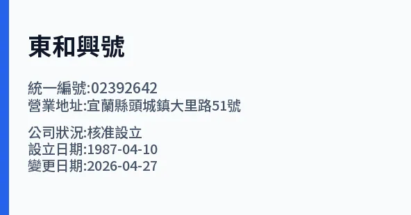東和興號的照片-統編 02392642(宜蘭縣) 公司登記資料與營業項目詳細圖表