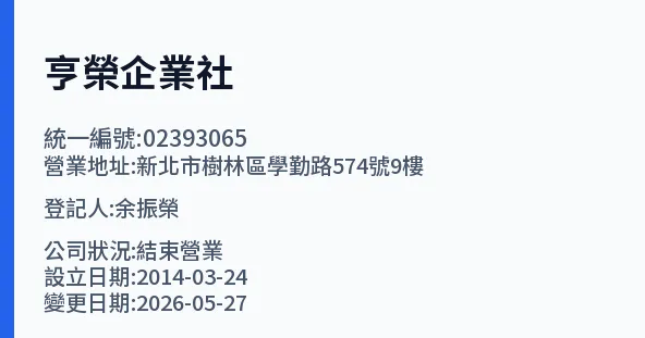 亨榮企業社的照片-統編 02393065(新北市) 公司登記資料與營業項目詳細圖表