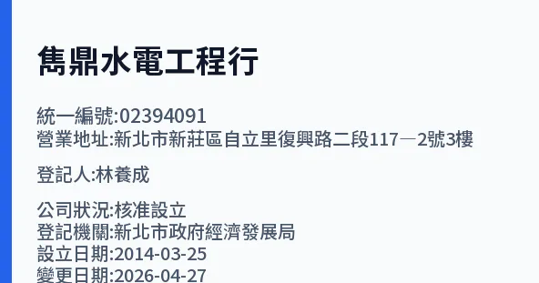 雋鼎水電工程行的照片-統編 02394091(新北市) 公司登記資料與營業項目詳細圖表