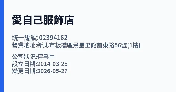 愛自己服飾店的照片-統編 02394162(新北市) 公司登記資料與營業項目詳細圖表