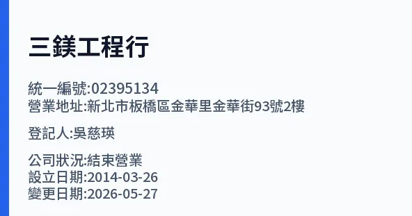 三鎂工程行的照片-統編 02395134(新北市) 公司登記資料與營業項目詳細圖表