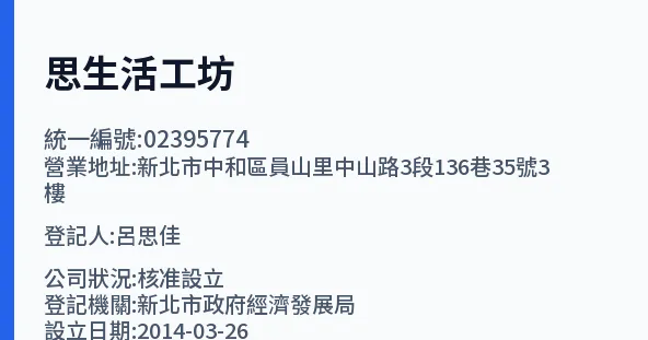 思生活工坊的照片-統編 02395774(新北市) 公司登記資料與營業項目詳細圖表