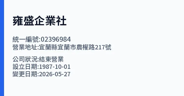 雍盛企業社的照片-統編 02396984(宜蘭縣) 公司登記資料與營業項目詳細圖表