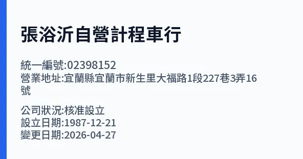 張浴沂自營計程車行的照片-統編 02398152(宜蘭縣) 公司登記資料與營業項目詳細圖表