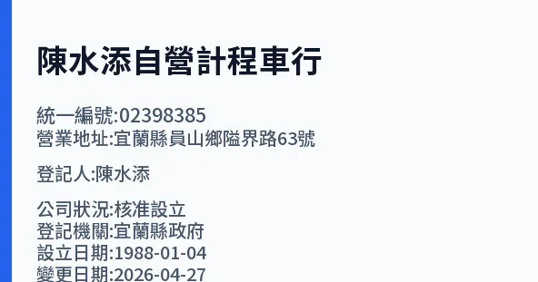 陳水添自營計程車行的照片-統編 02398385(宜蘭縣) 公司登記資料與營業項目詳細圖表