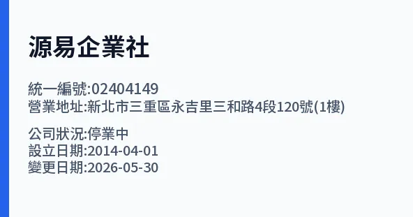 源易企業社的照片-統編 02404149(新北市) 公司登記資料與營業項目詳細圖表