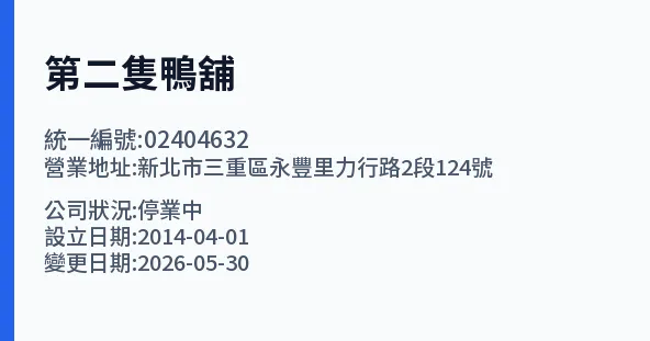 第二隻鴨舖的照片-統編 02404632(新北市) 公司登記資料與營業項目詳細圖表