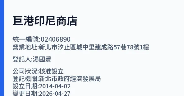 巨港印尼商店的照片-統編 02406890(新北市) 公司登記資料與營業項目詳細圖表